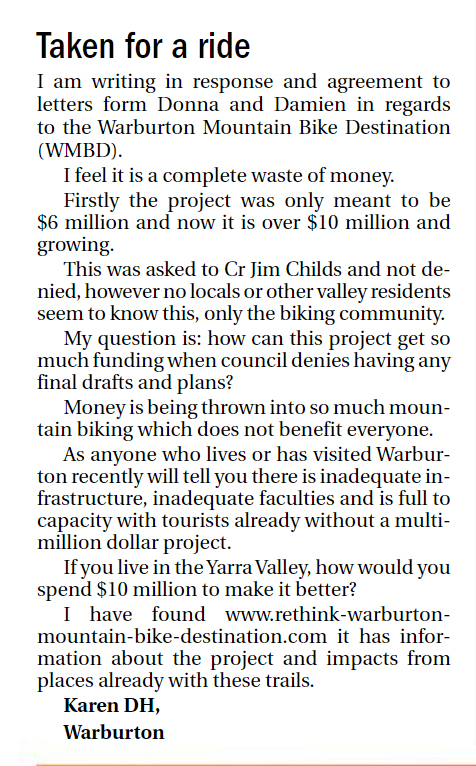Taken for a ride – Upper Yarra Mail Letters to Editor 22 January 2019 ...